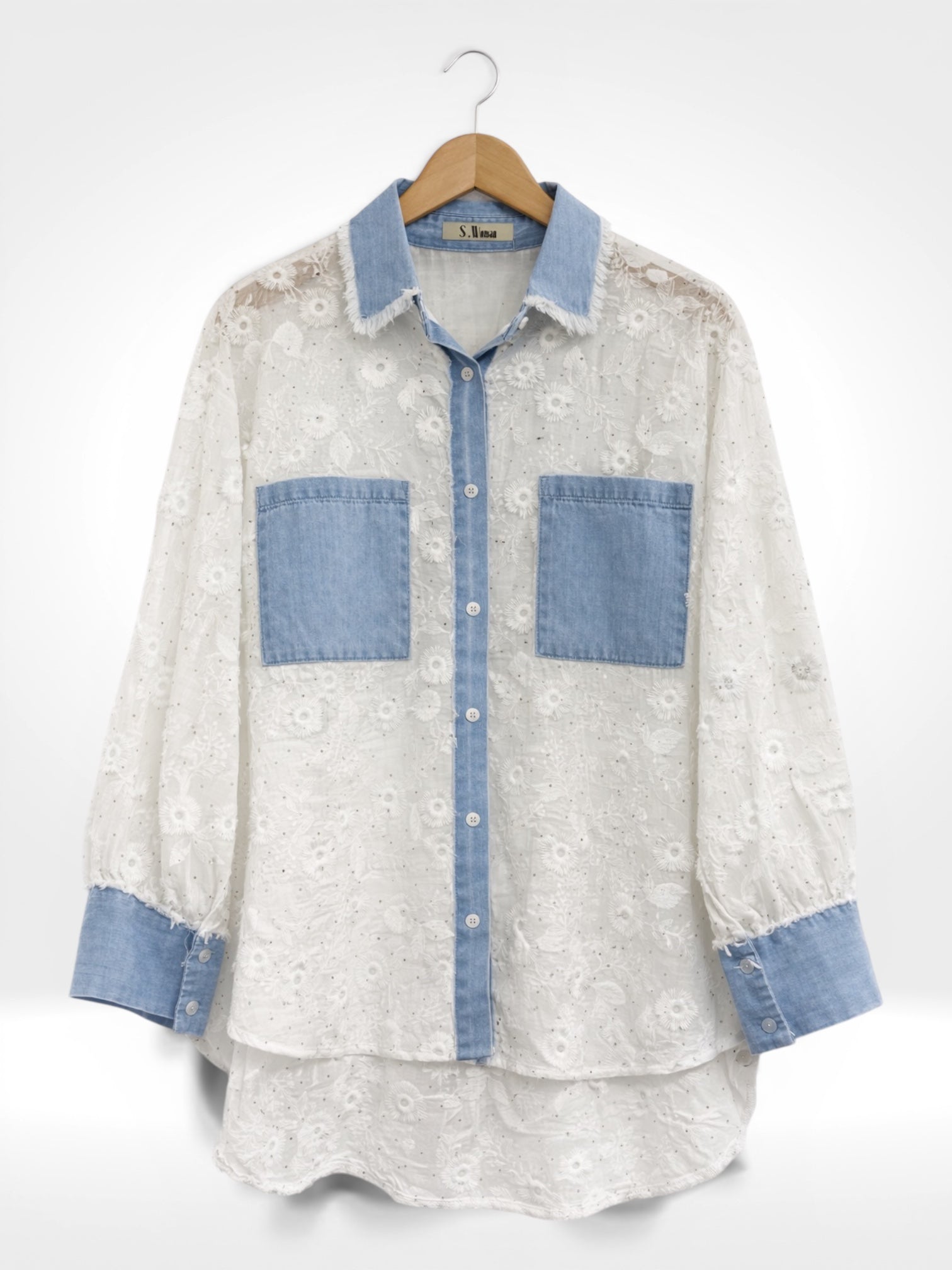 Daisy Shimmer Lace Chambray Shirt – Coco Blush Boutique